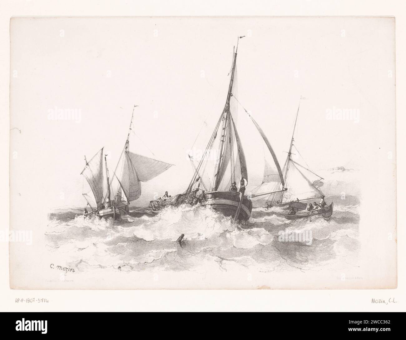 Sailing boats between waves, Charles Louis Mozin, 1850 - 1884 print ...