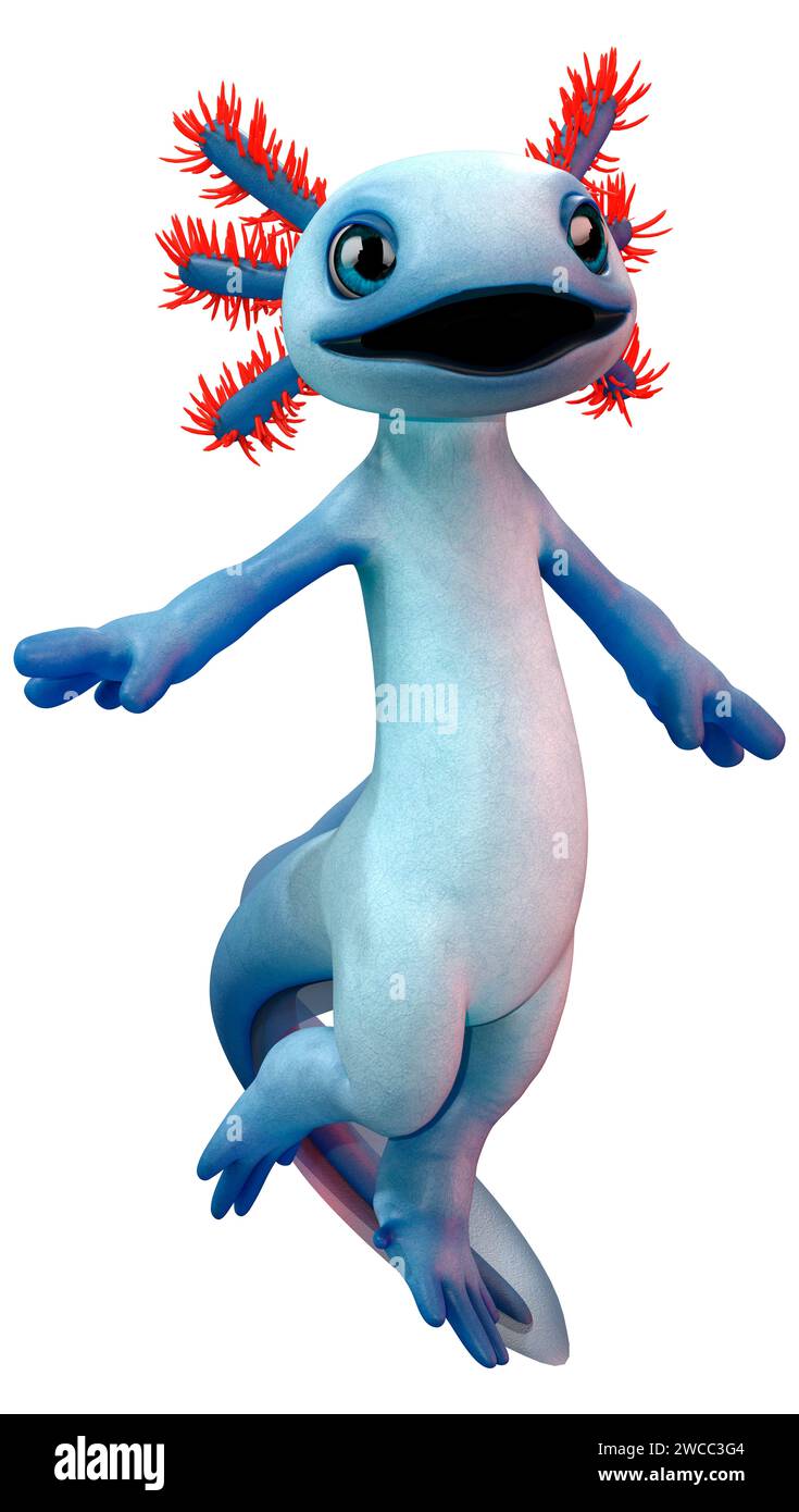 3D rendering of a cute blue toon axolotl isolated on white background ...