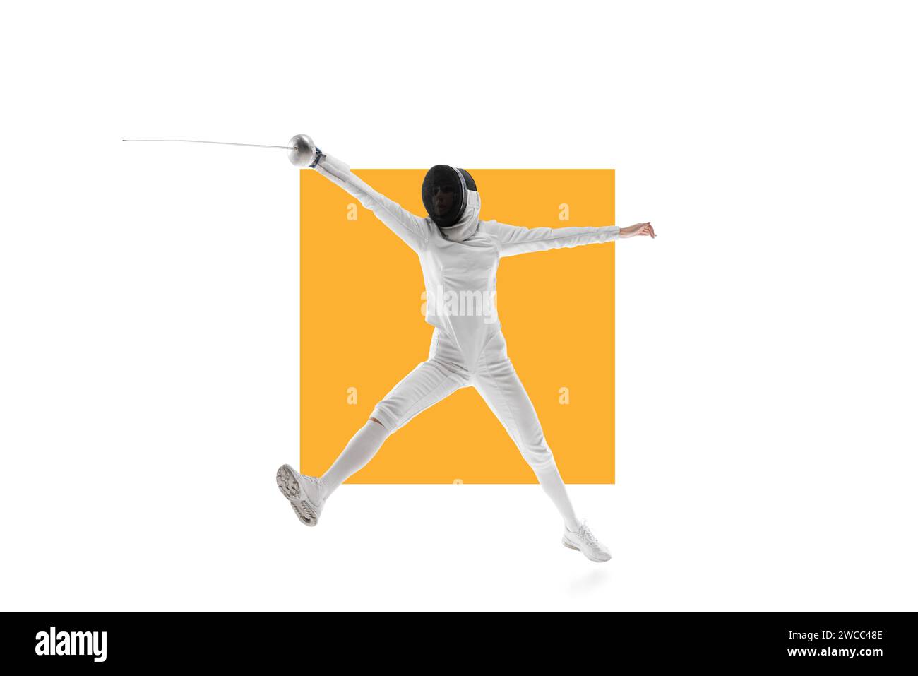Female fencer in motion, training over white background with yellow ...