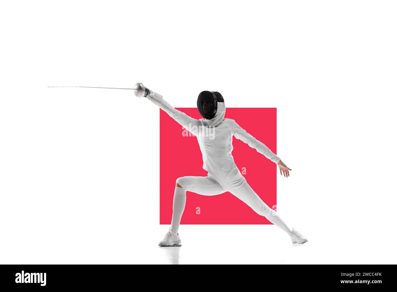 Female fencer in motion, training over white background with red ...