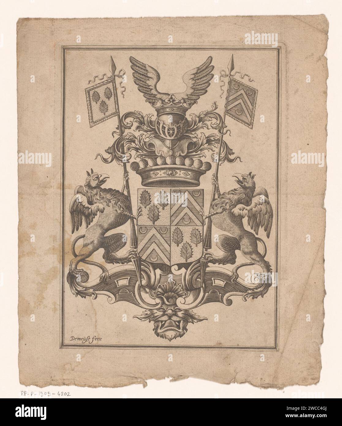 Coat of arms with two griffins and a winged helmet, Louis Demeuse, 1700 ...