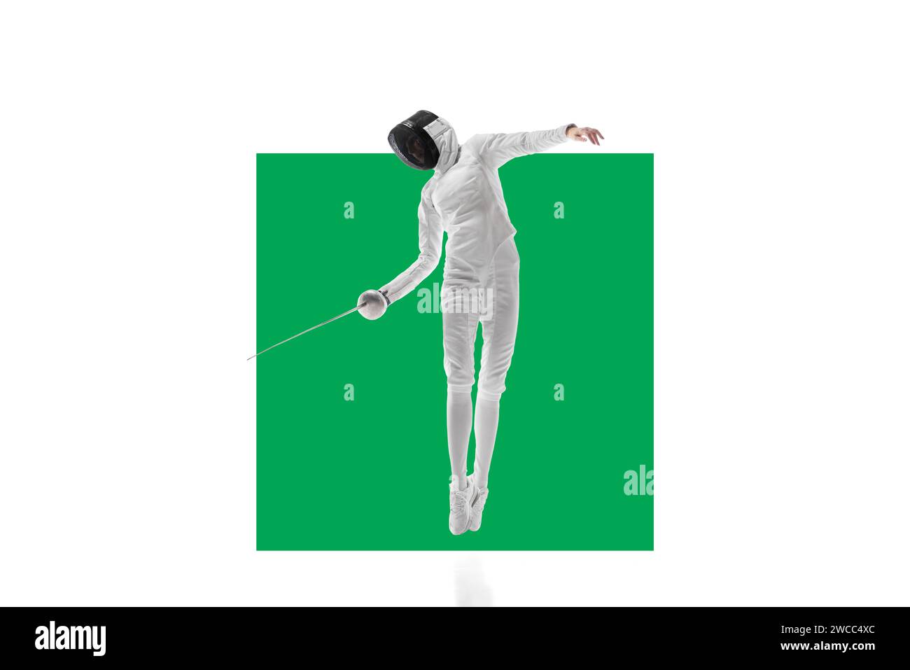 Female fencer in motion over white background with green element ...