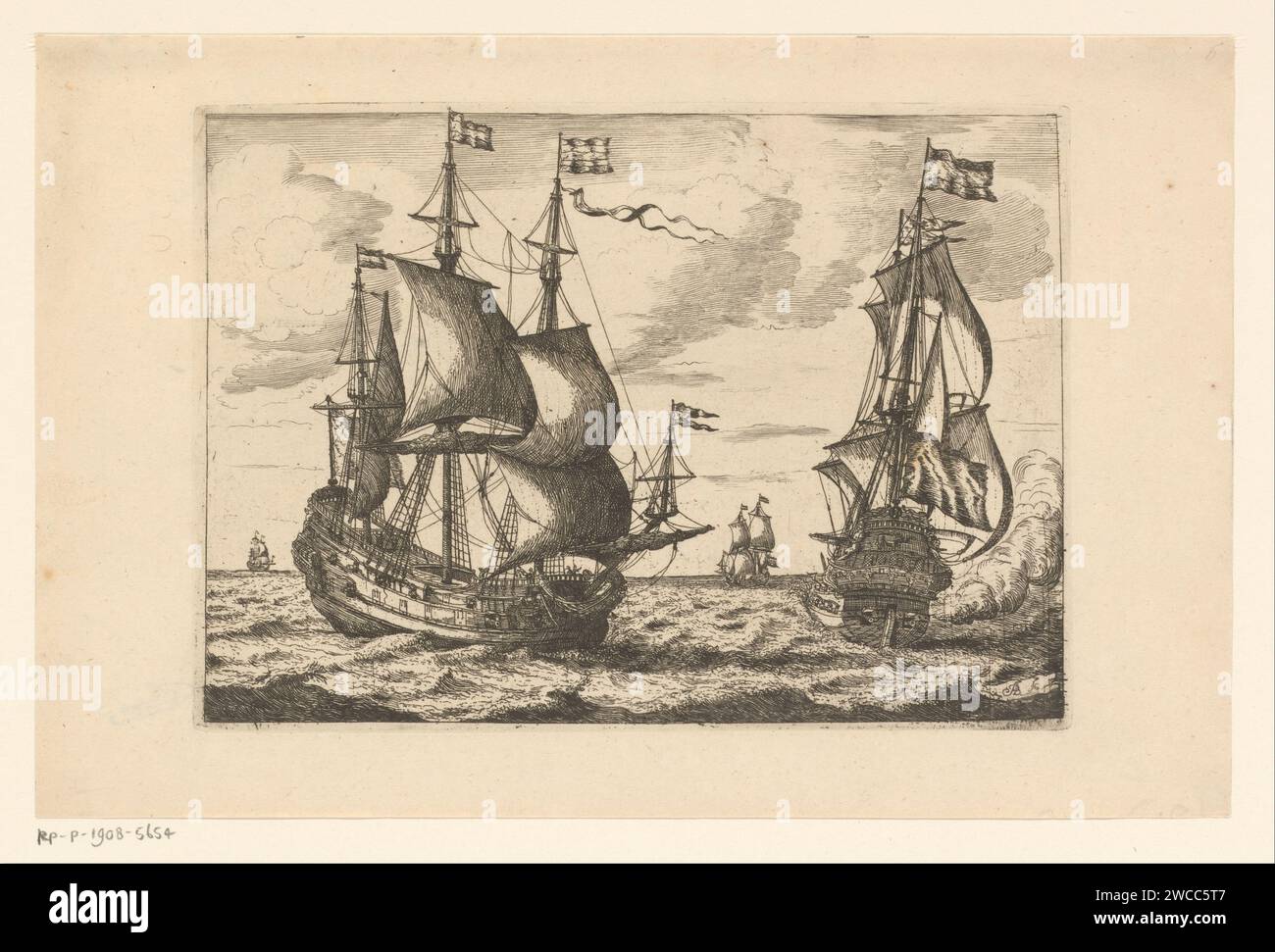 Four warships at sea, monogrammist Abk, 1673 - 1709 print Four sailing ...