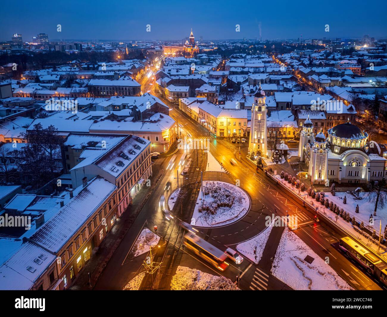 Aerial scenic view of Sinaia district during winter with snow. Aerial ...