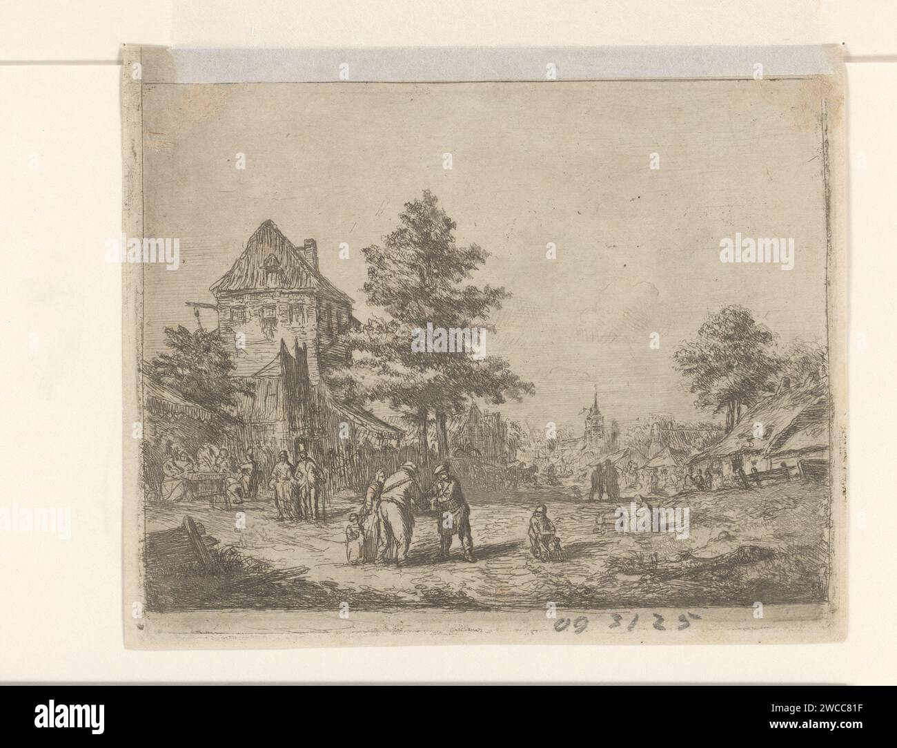 Village face with many people on the street and a church in the ...
