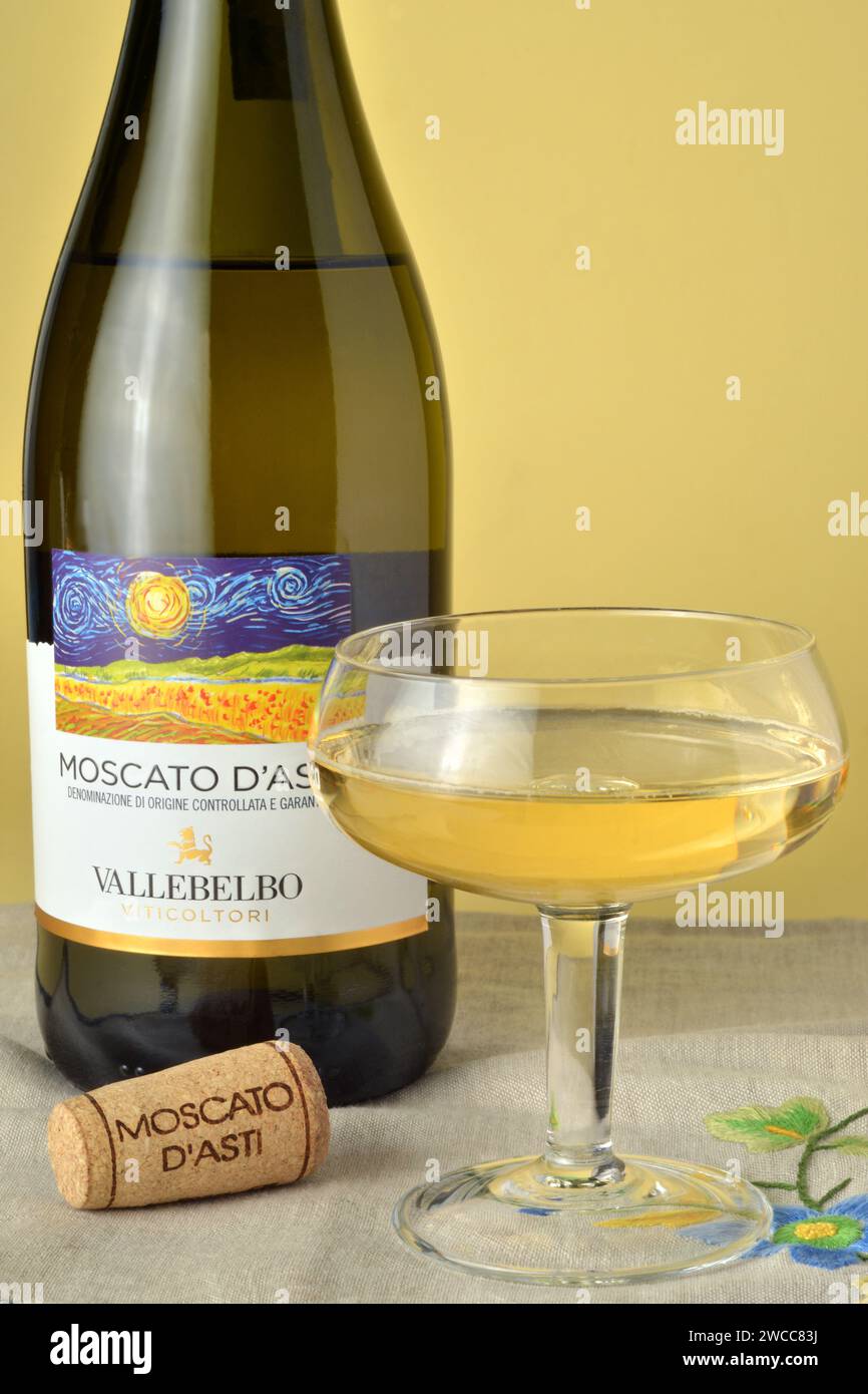 Turin, Piedmont, Italy. -01-12-2023- Bottle and glass of sweet ...