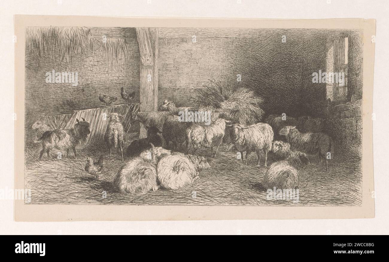 Stable interior with sheep, goats and chickens, Dirk van Lokhorst, 1859 ...
