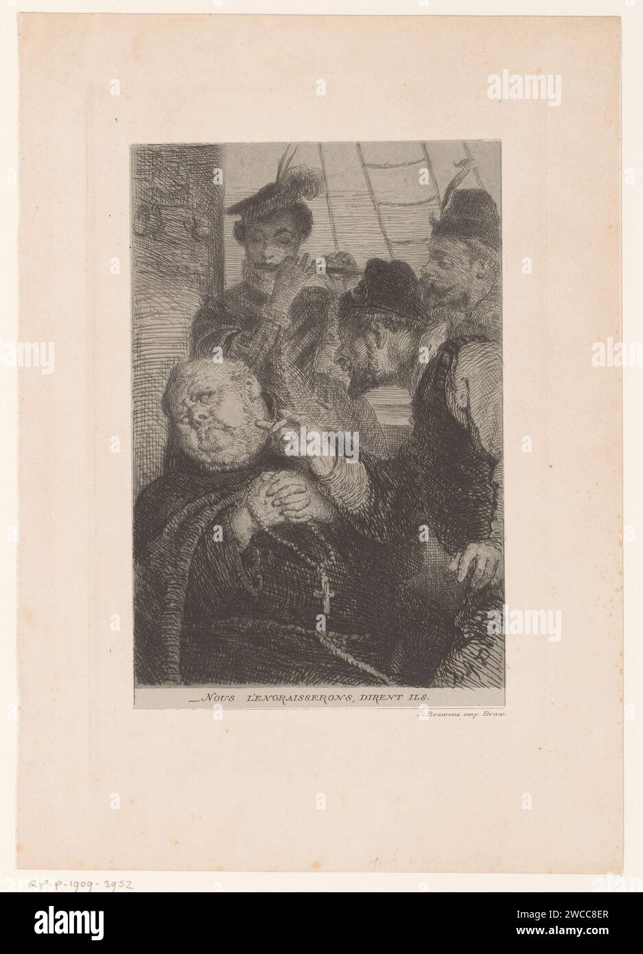 Three men stand on a ship around a monk with rosary in his hands ...