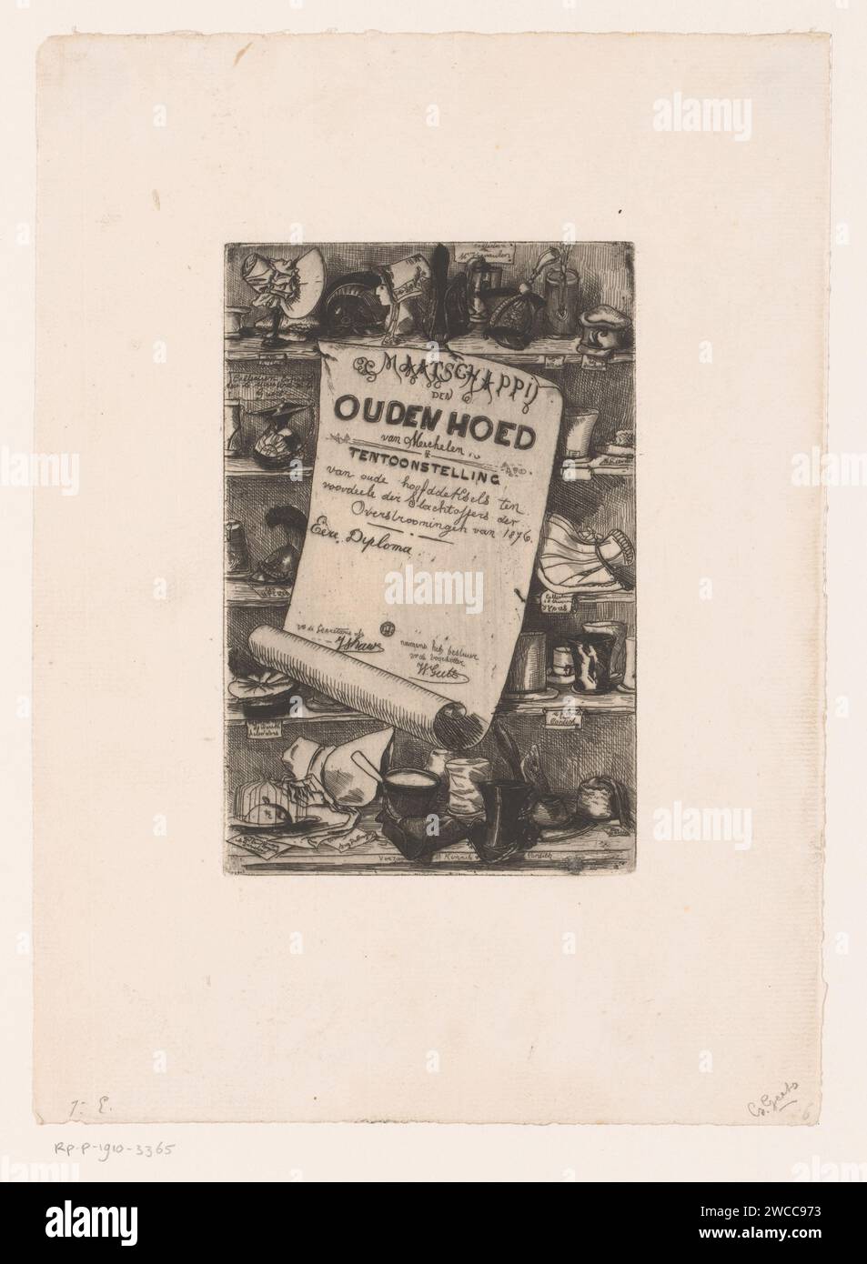 Planks with hats on which a pamphlet, Willem Geets, 1876 - 1910 print ...