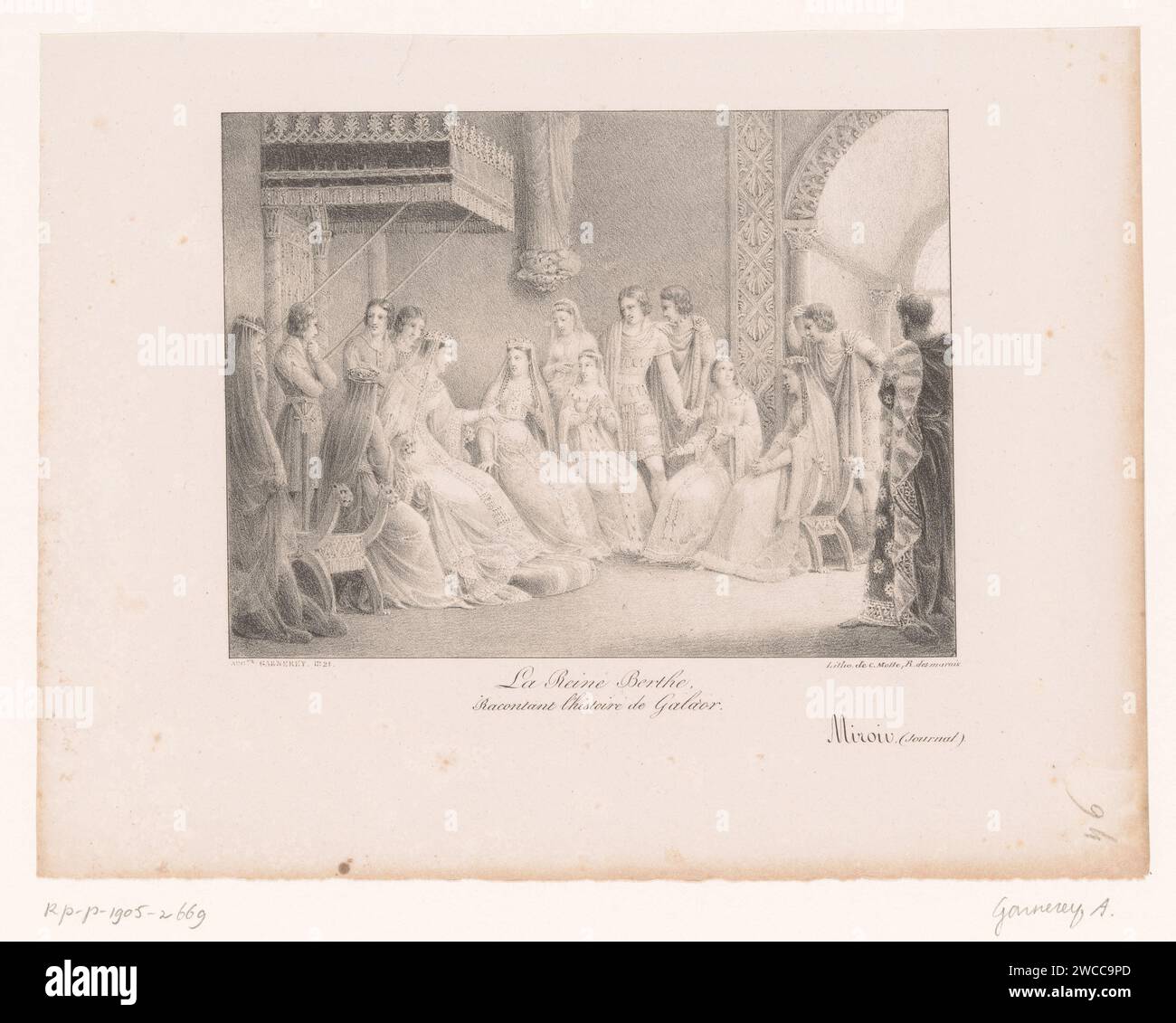 Queen Bertha tells her court The story of Galaor, Auguste Garnerey, 1821 print Paris paper daily ...