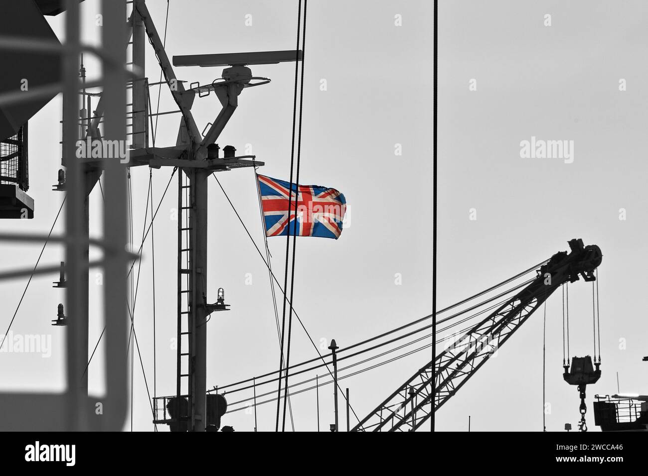 Flag of Britain waving on the ships mast, with black and white ...