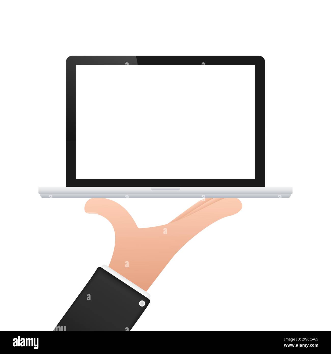 Hand presenting modern laptop with blank screen, isolated vector ...