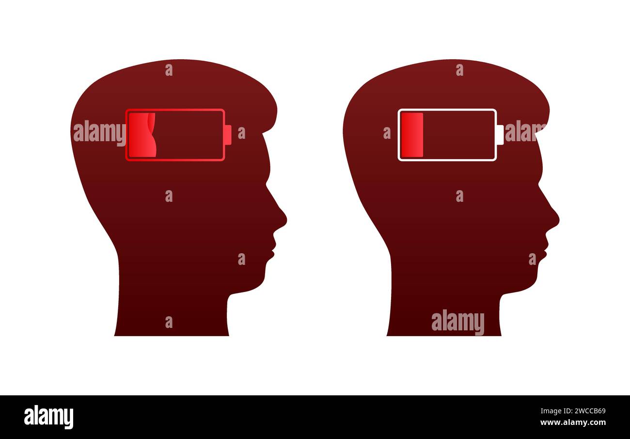 Vector illustration of two silhouetted profiles with battery level ...