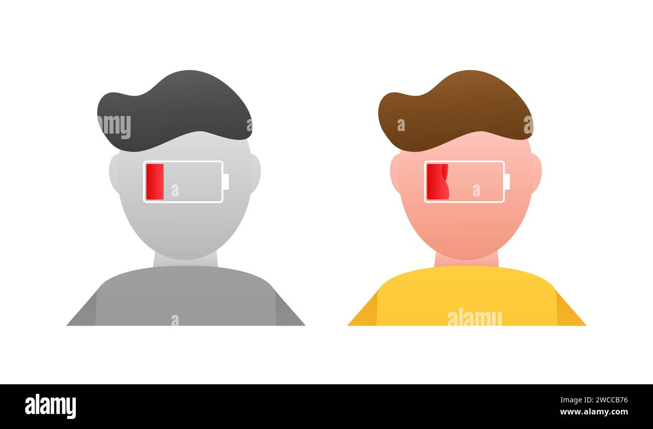 Illustration of human head profiles with low battery symbol, conceptual ...
