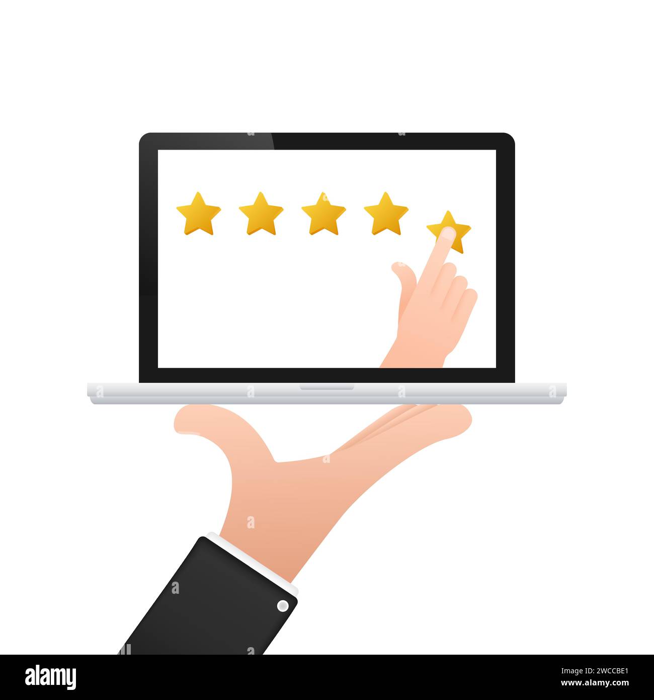 Hand giving a five-star rating on a laptop screen, concept for customer feedback and online ...