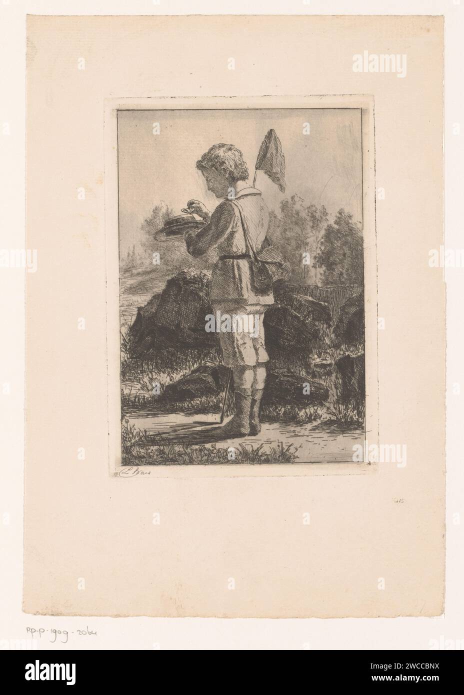 Boy with a butterfly net puts a butterfly on his hat, Lionel Oscar Baes ...