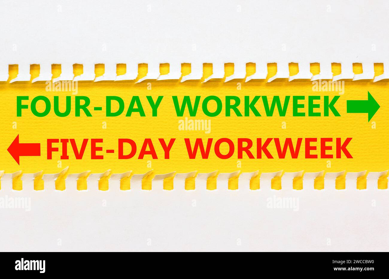 5 or 4 day week symbol. Concept word Five-day workweek or Four-day workweek on beautiful yellow ...