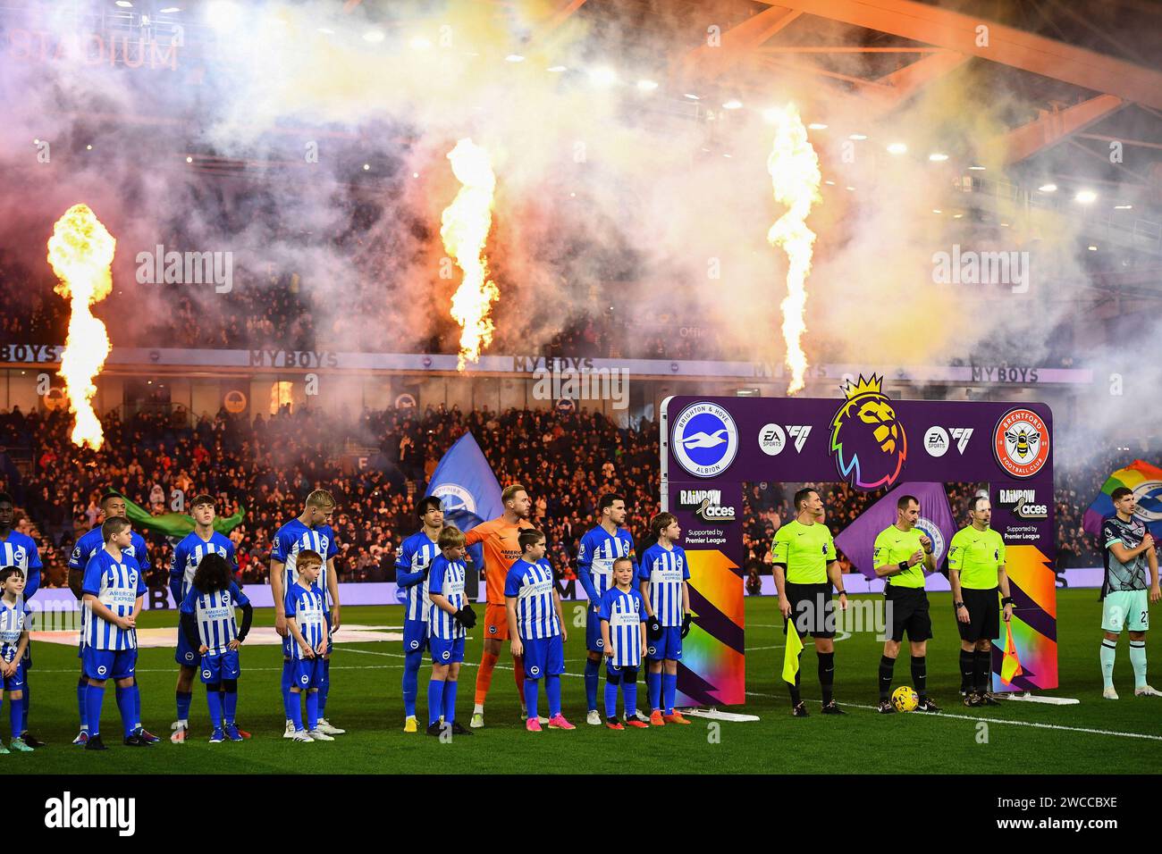 The teams wait for kick off as fireworks are set off - Brighton & Hove ...