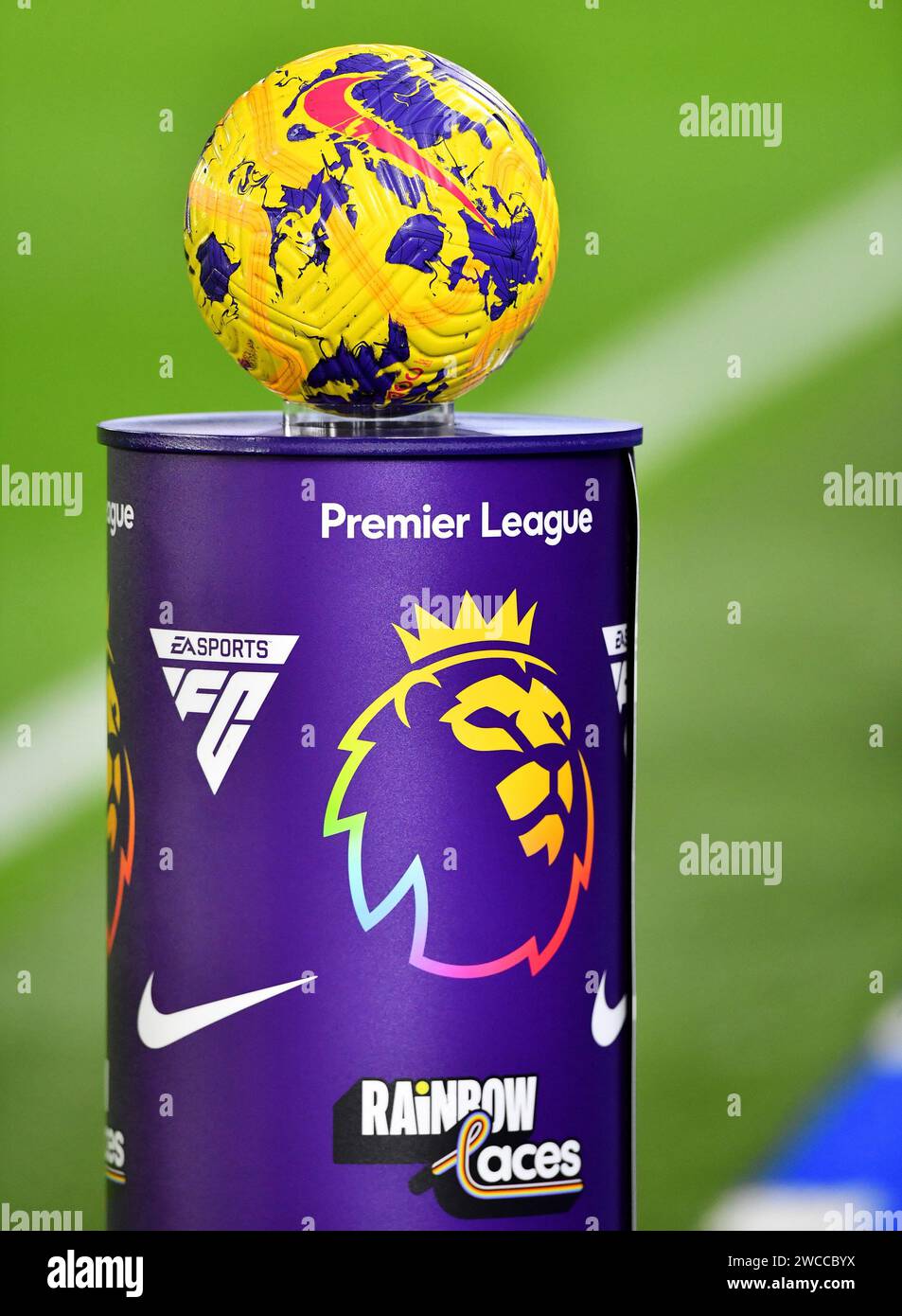 The Rainbow Laces logo is seen on the match ball plinth - Brighton ...