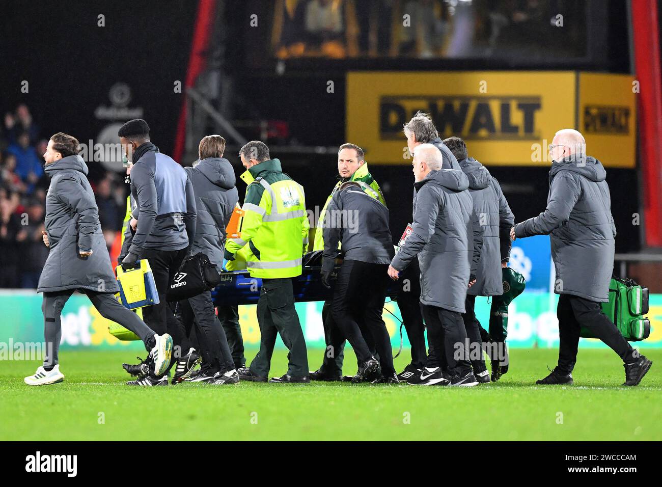 Tom Lockyer of Luton Town is stretchered off the pitch after receiving ...