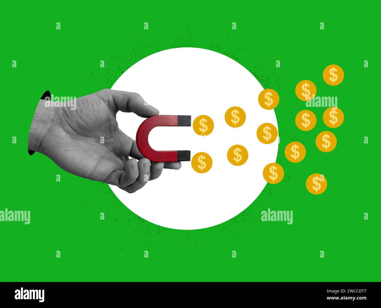 A hand with a magnet attracts money. Attracting customers and business ...