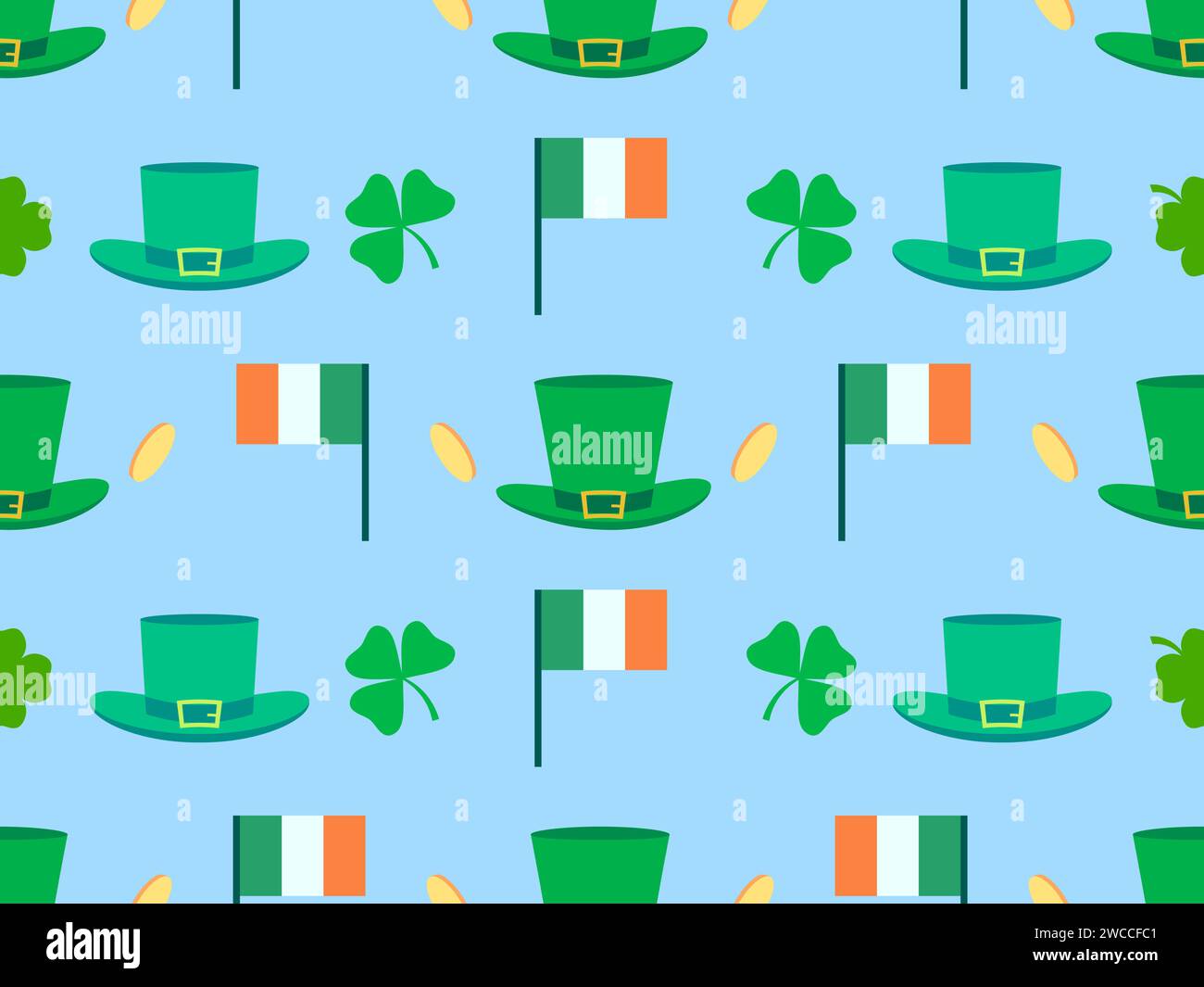 Seamless pattern with Irish flag, clover leaves, leprechaun cap and ...