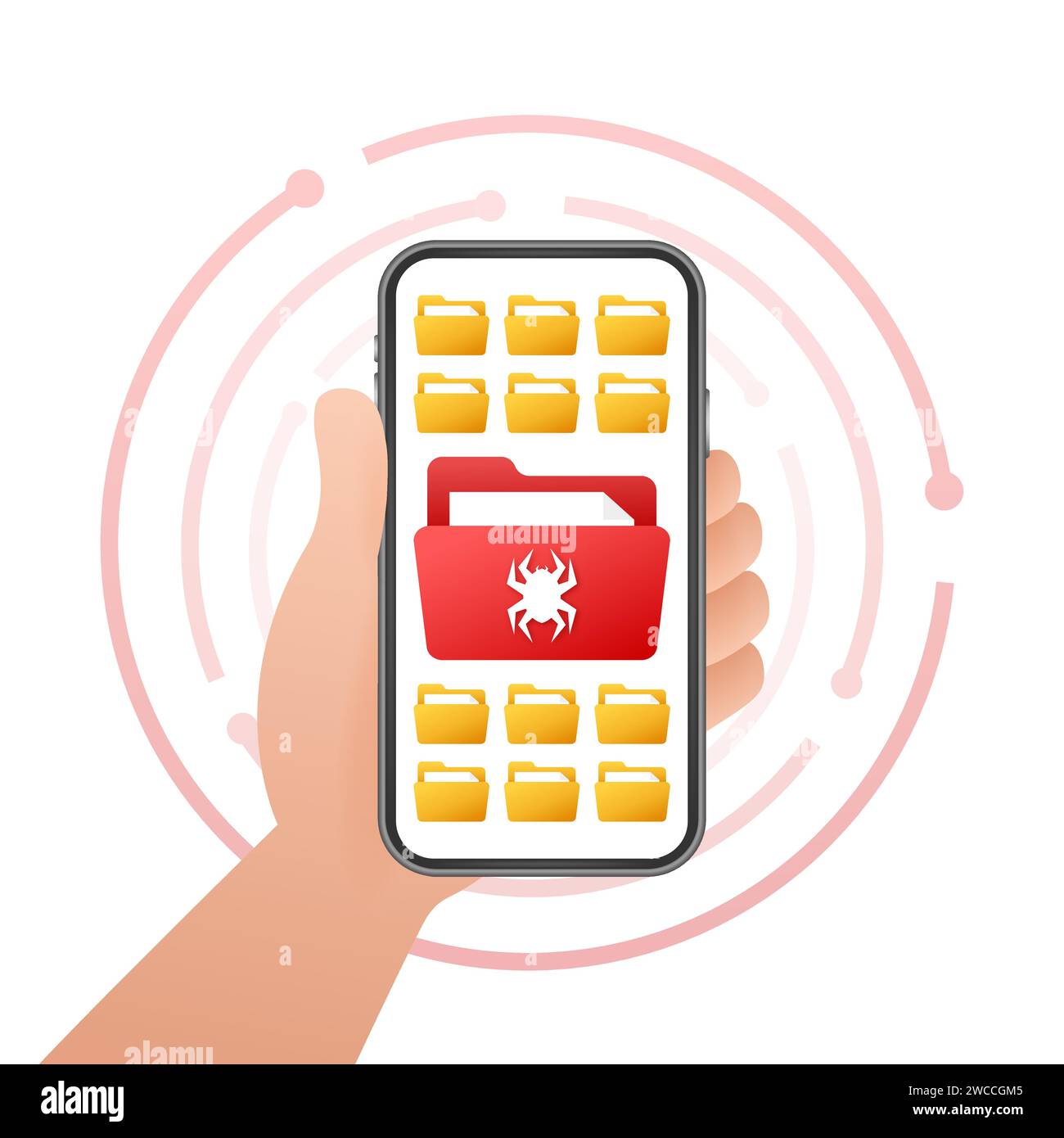 Vector illustration of a hand holding a smartphone displaying a folder ...