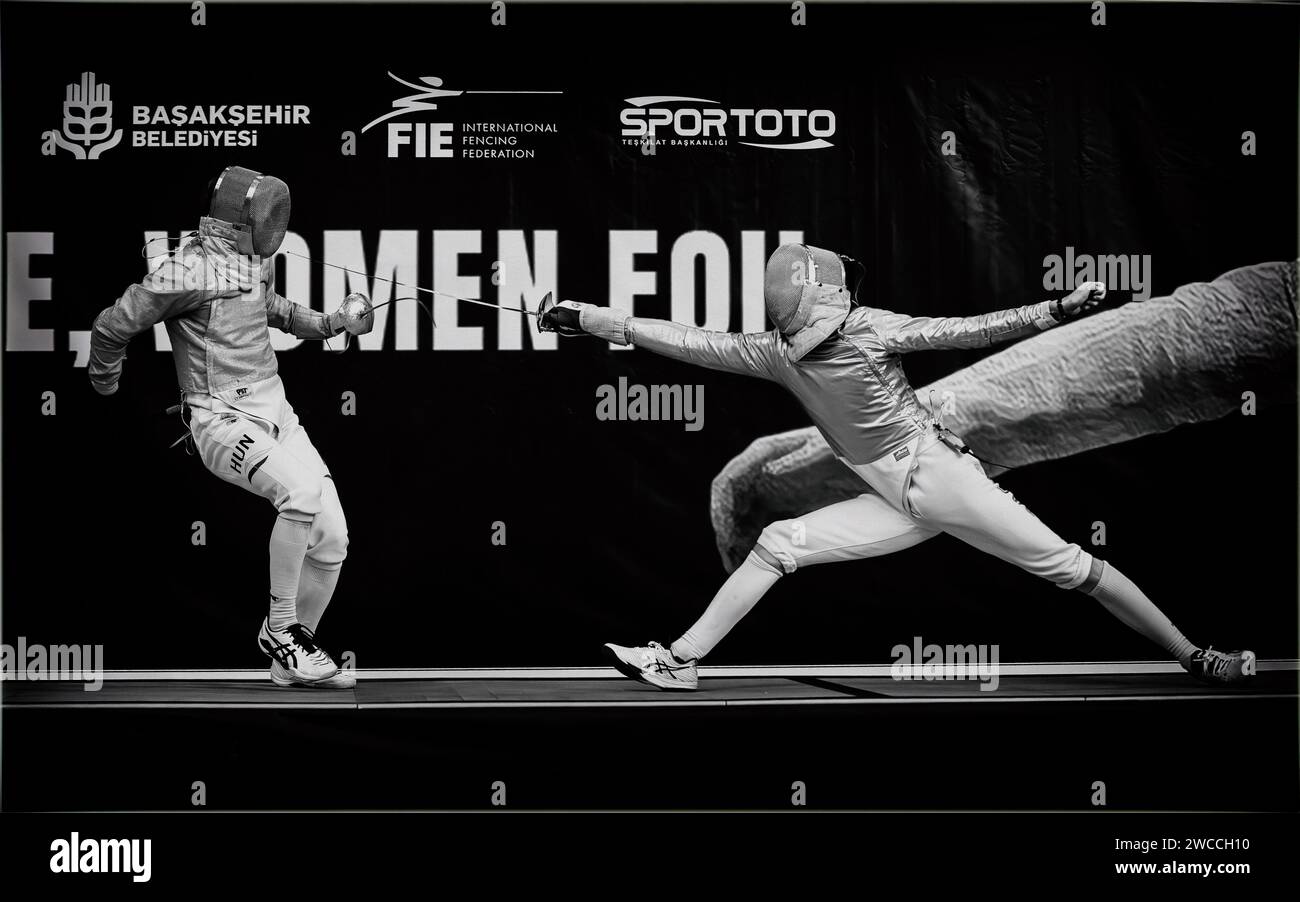 2 fencers in action ,FIA Fencing Sabre World Satelite Istanbul, 21 ...