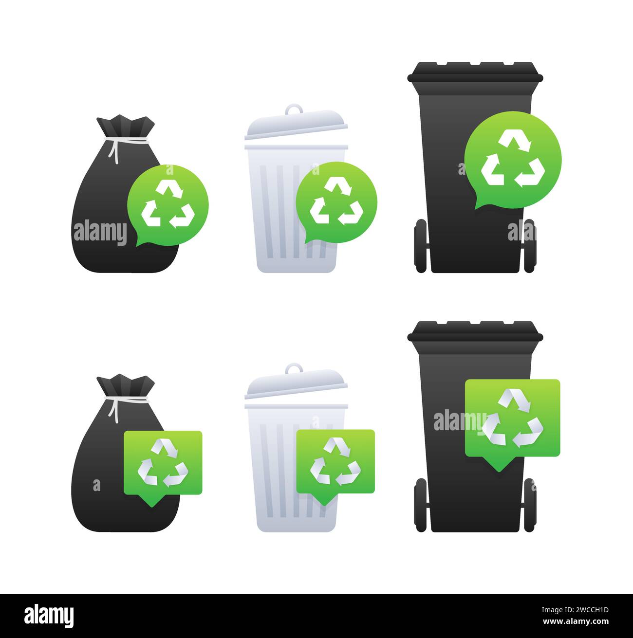 Recycling bins and garbage bags with recycle symbol, promoting waste ...