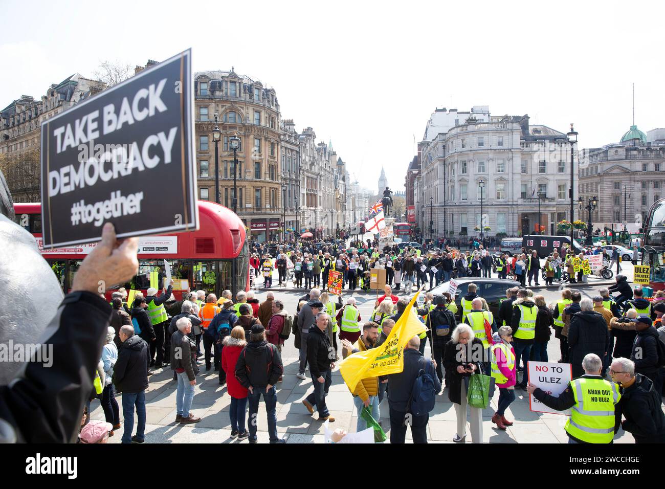 Protesters gather during an anti-ULEZ expansion protest around ...