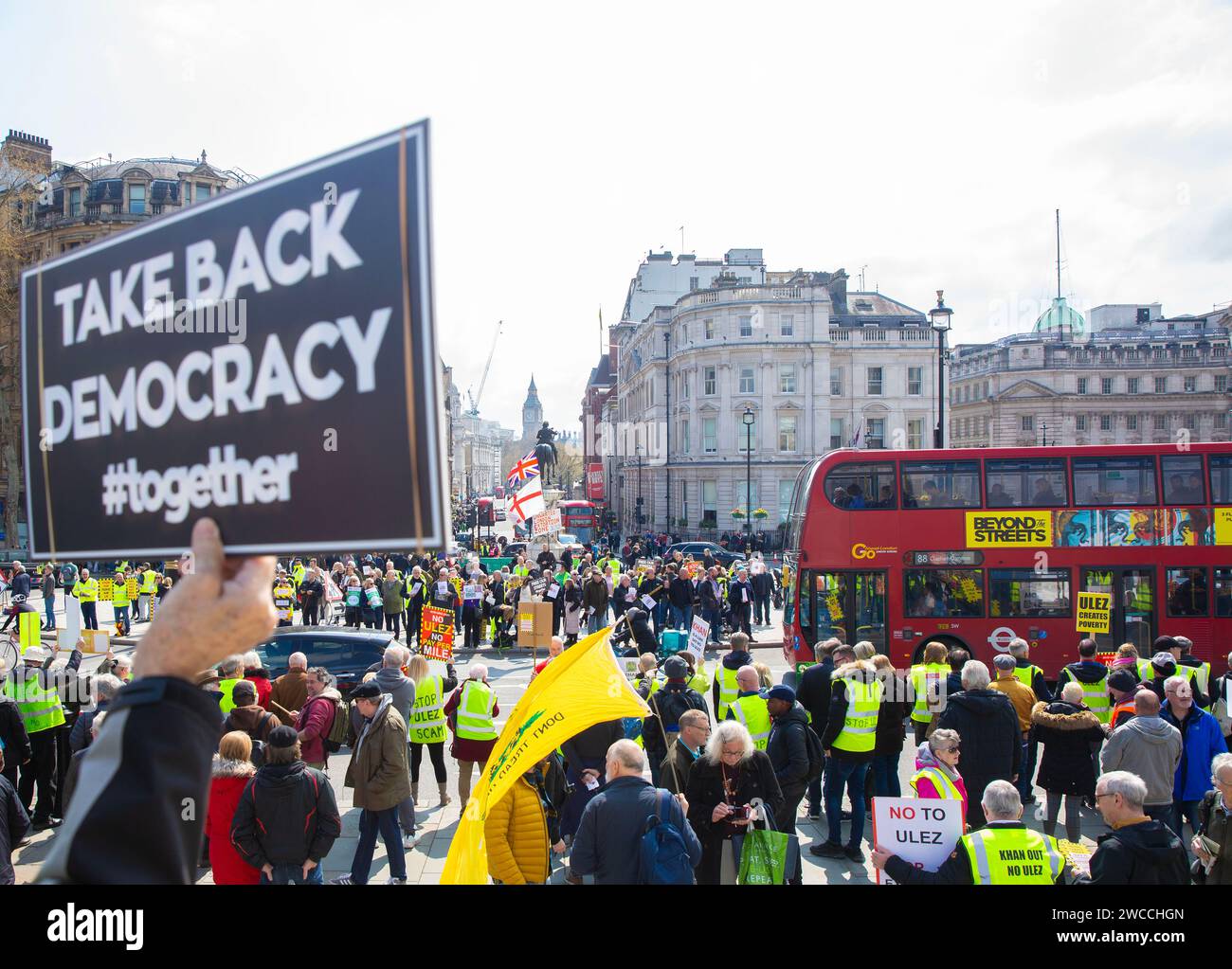 Protesters gather during an anti-ULEZ expansion protest around ...