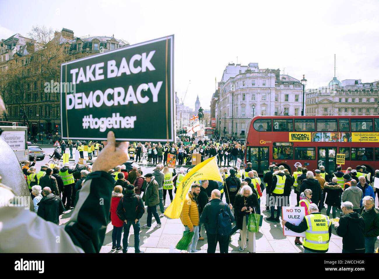 Protesters gather during an anti-ULEZ expansion protest around ...