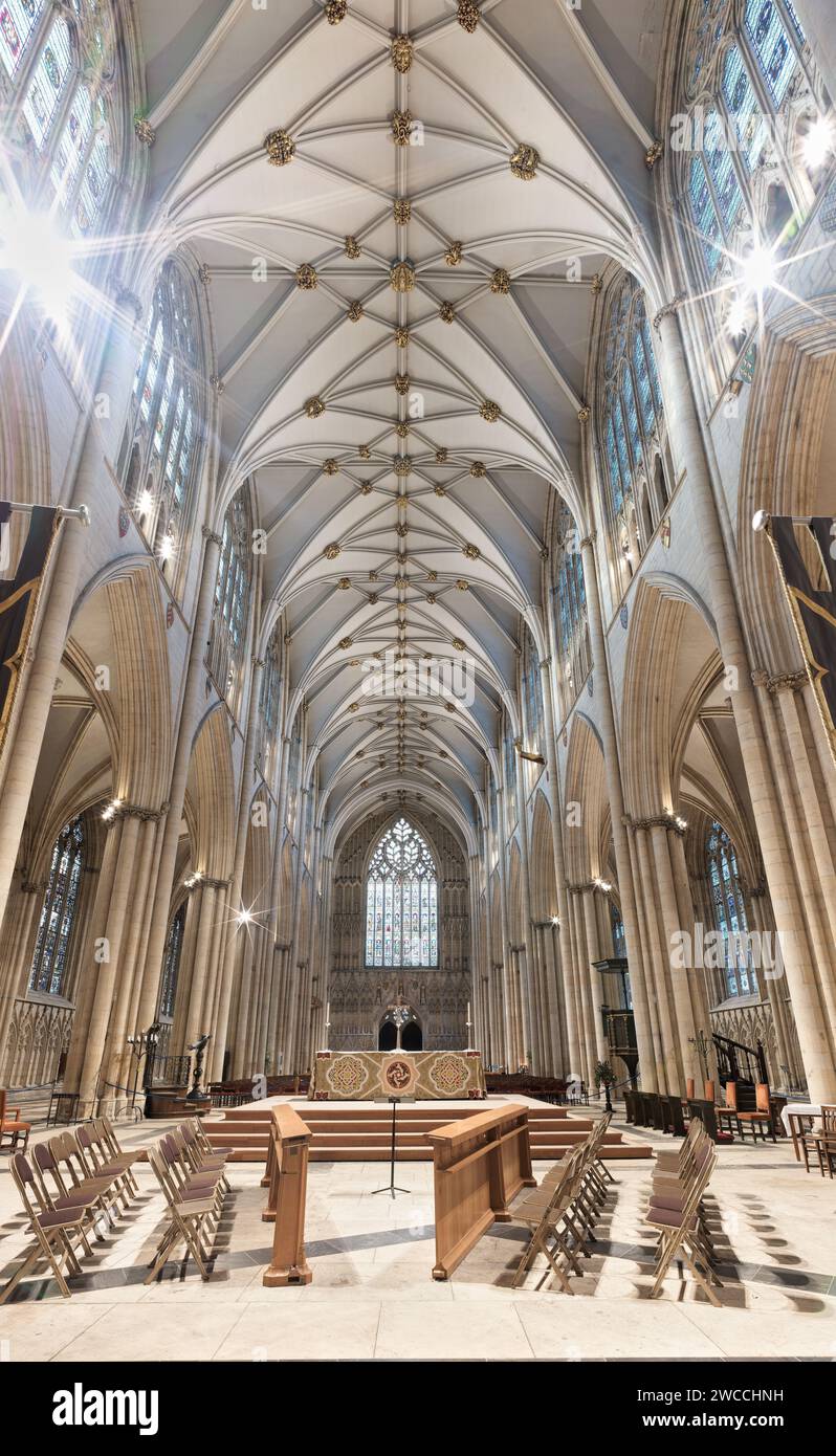 Ceiling, with decorated bosses, above the nave in the the minster ...