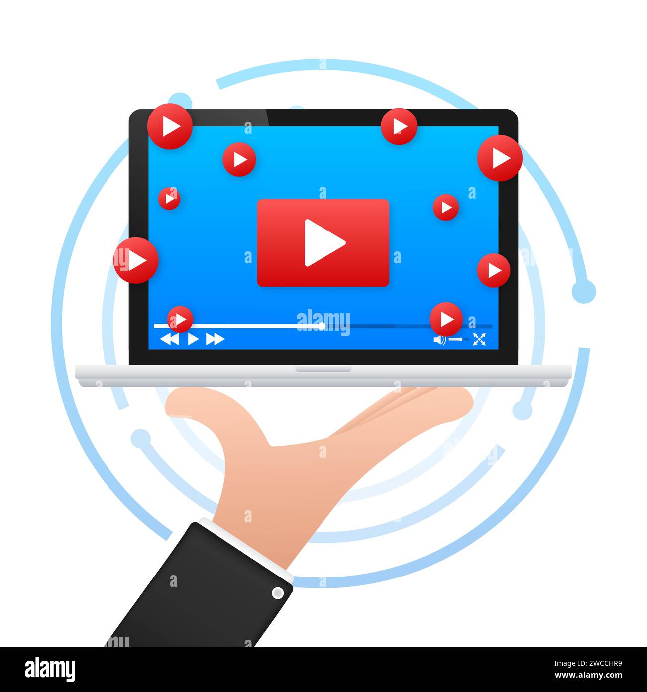 Online video platform concept with play icons on laptop screen, hand ...