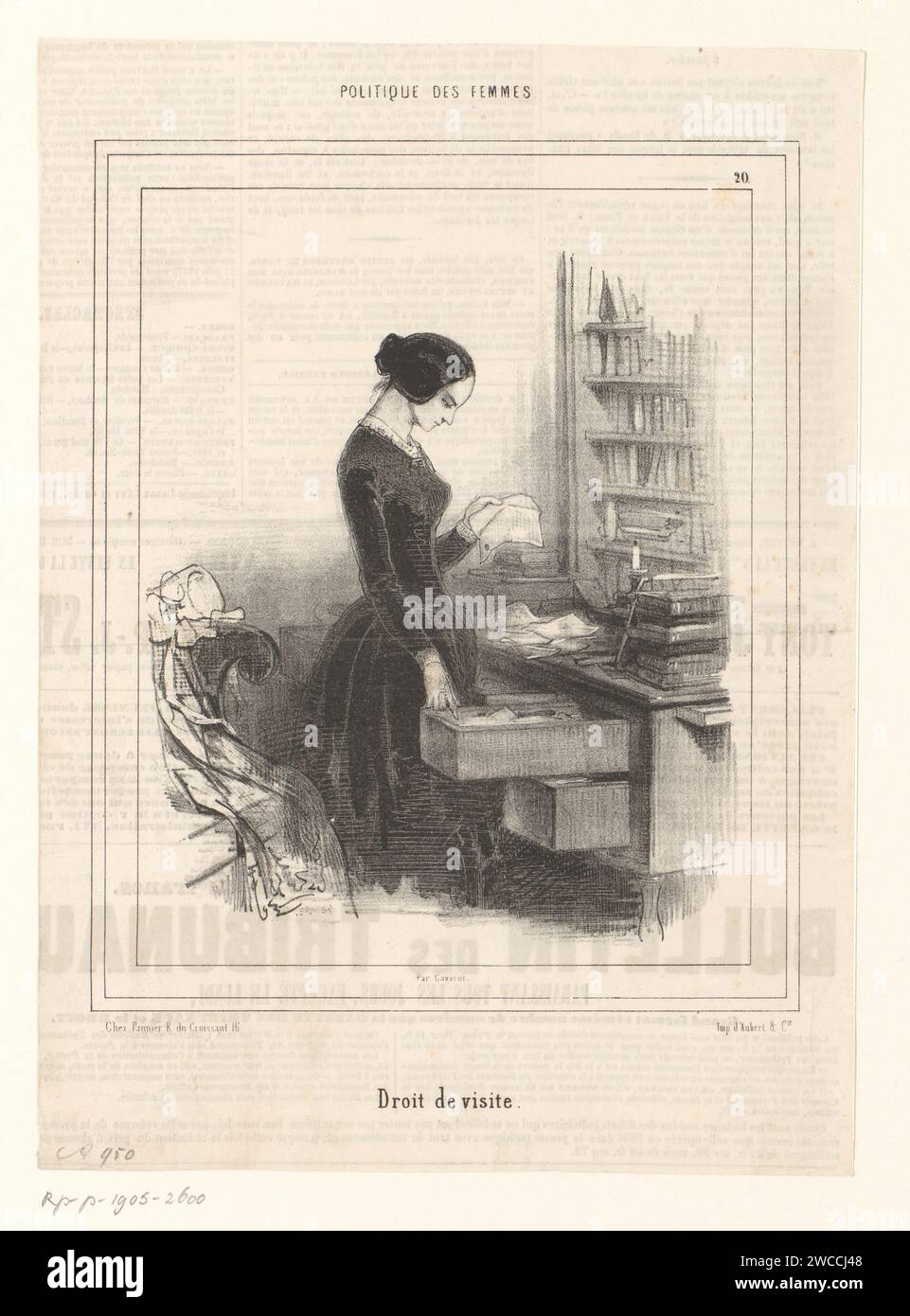 Woman reads a letter from a desk of her husband, Paul Gavarni, 1843 ...