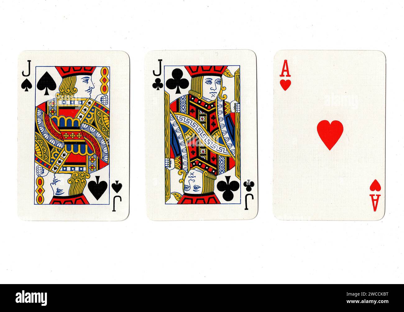 Vintage playing cards showing a pair of black jacks and a red ace ...
