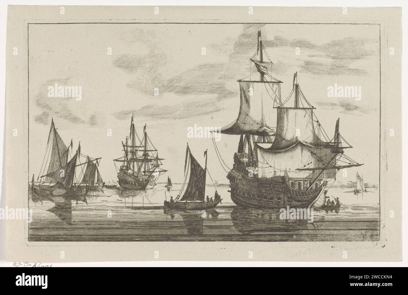 Two warships and other sailing ships on calm water, Anonymous, 1600 ...