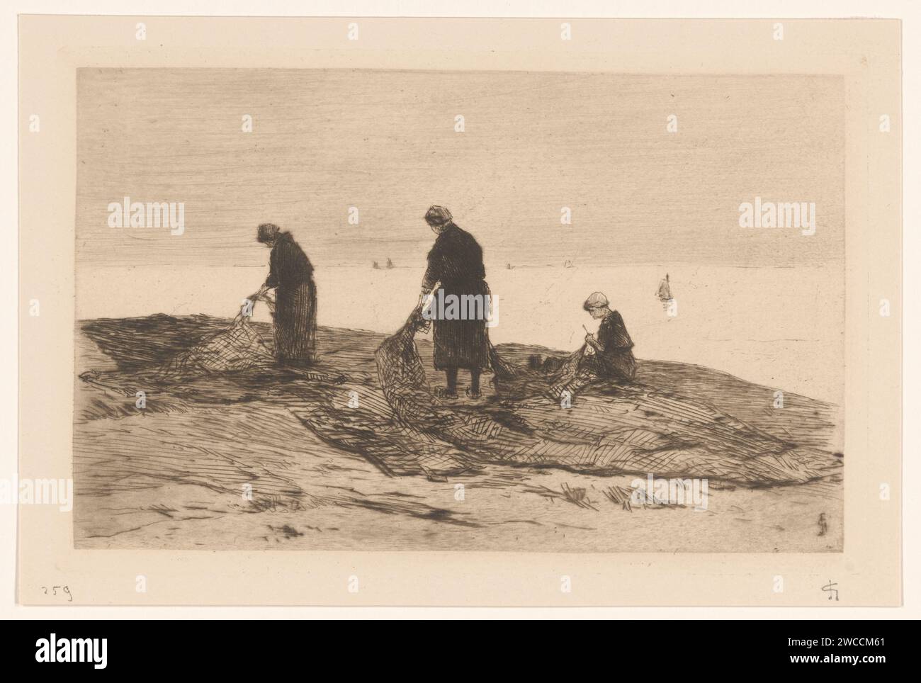 Nettenboetsters, Carel Nicolaas Storm of 's -Gravesande, 1887 - 1889 print Three women repair ...