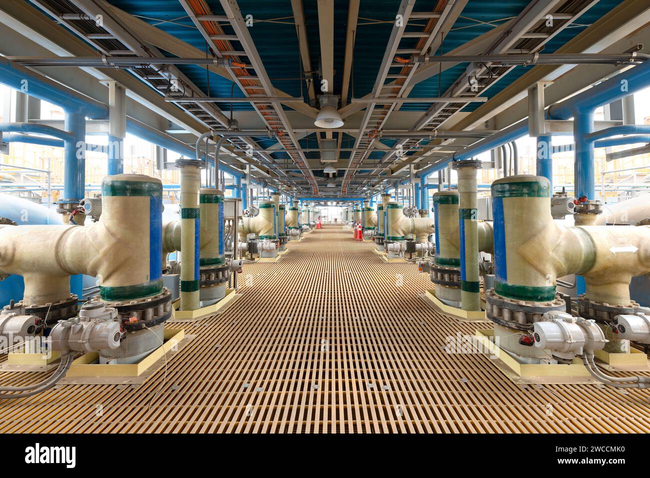 Water pumps in the tanks of a reverse osmosis desalination plant Stock ...