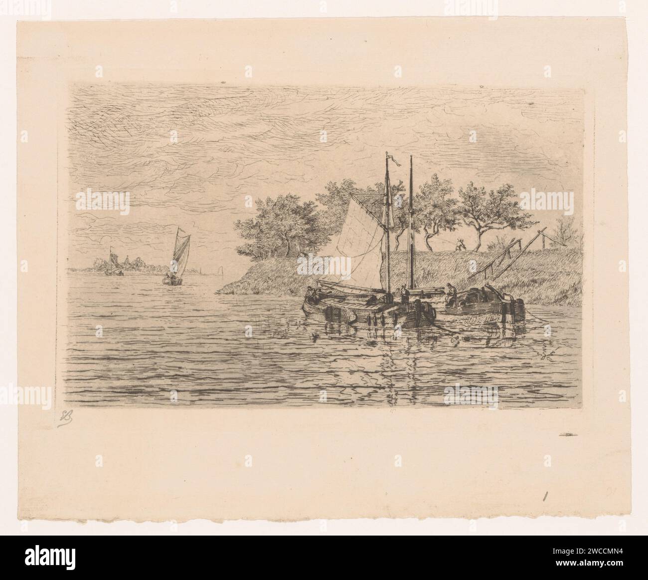 Sailing boats on a river, on the dike a man is mowing, Edgar Alfred ...