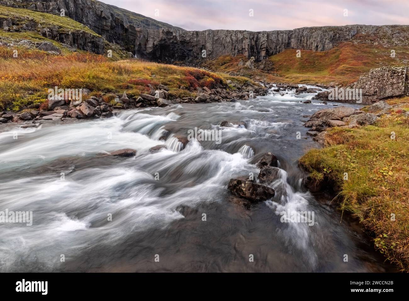 Folaldafoss waterfall and glacial river, Berufjordur, East Fjords ...