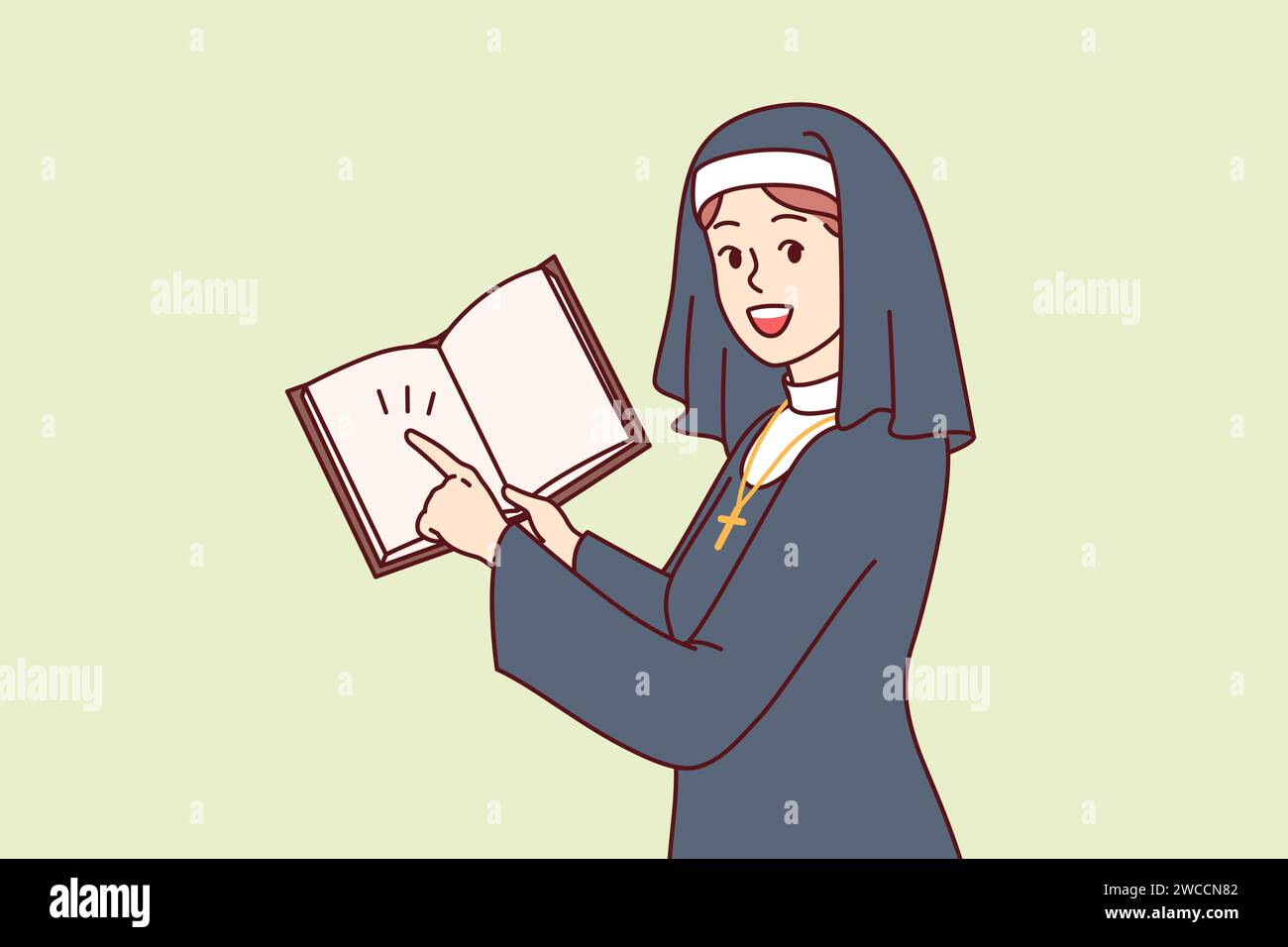 Woman nun with open bible in hands points finger at predictions ...