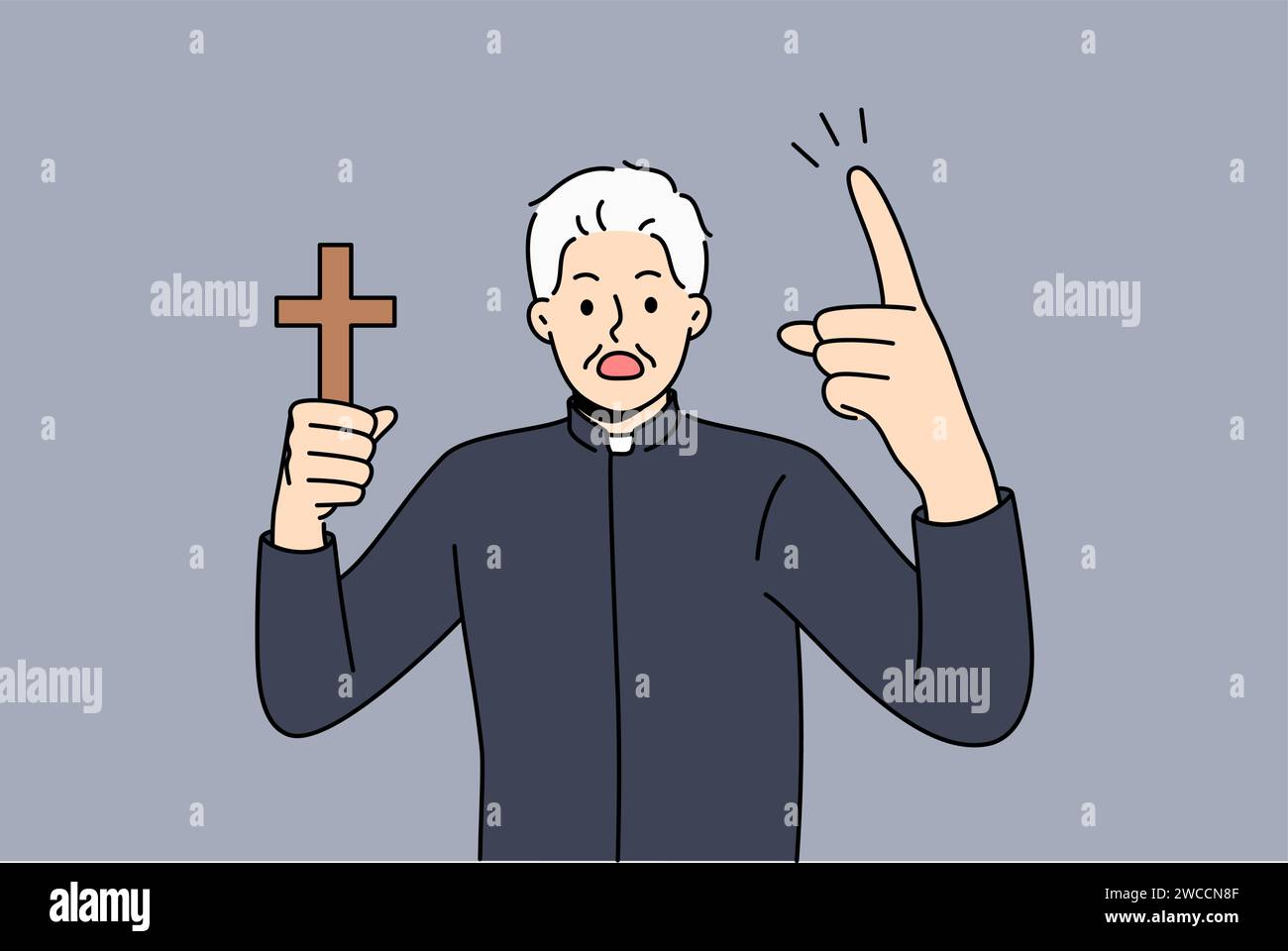 Angry priest with wooden christian cross in hand shouts, urging people ...