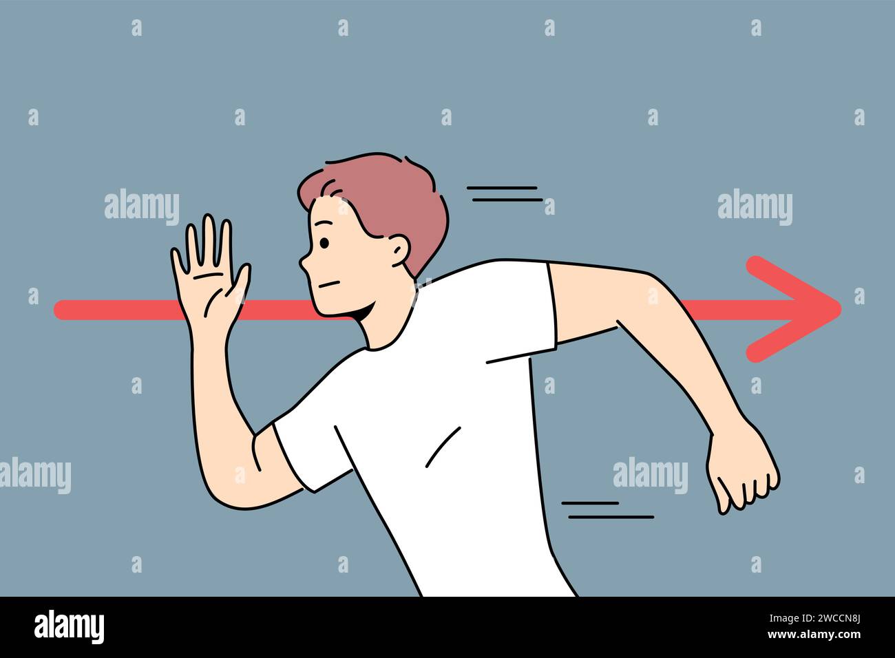 Brave man runs in opposite direction near red arrow, demonstrating ...