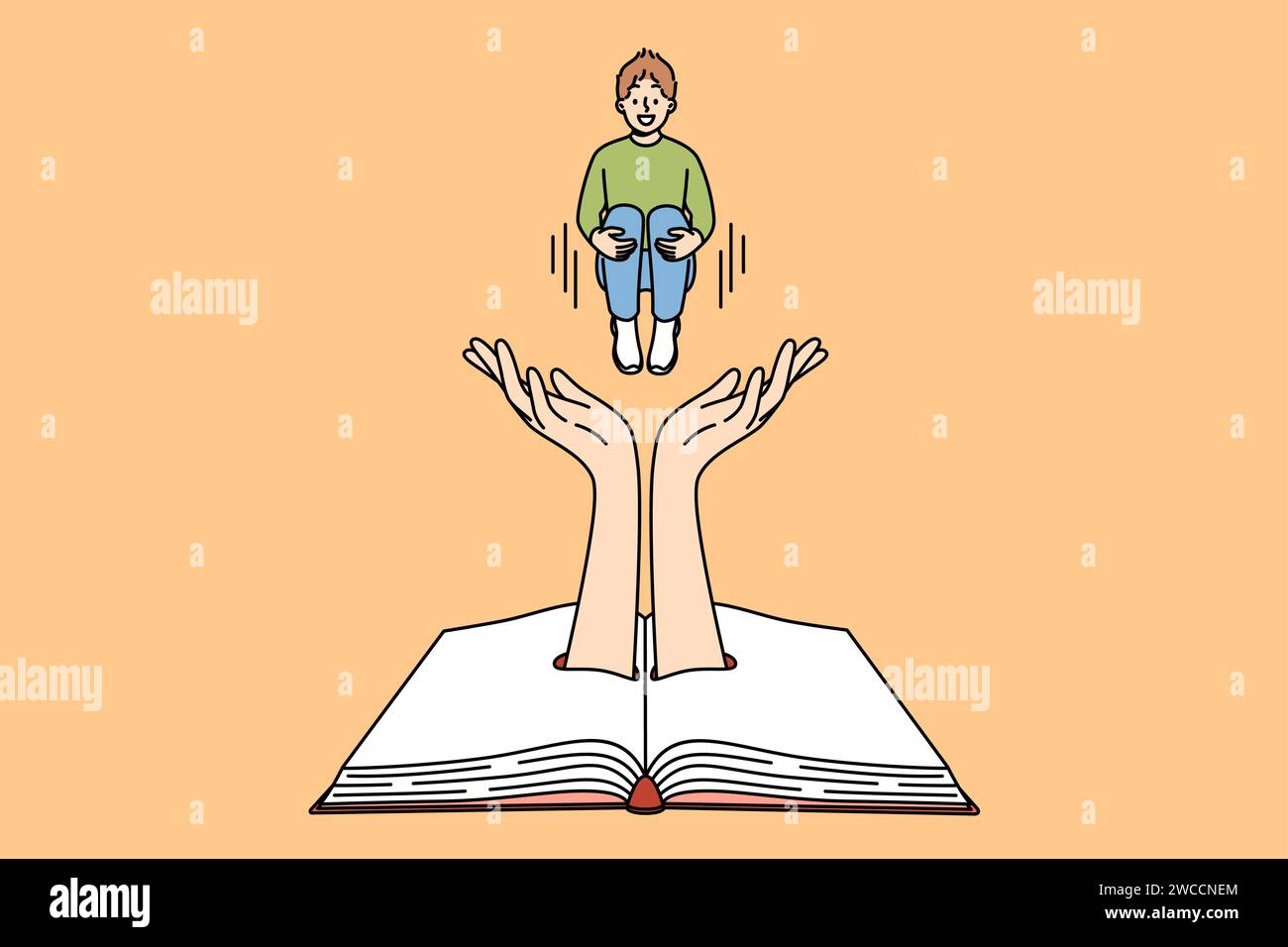 Little boy jumps above book, diving into plot of fantastic literature ...