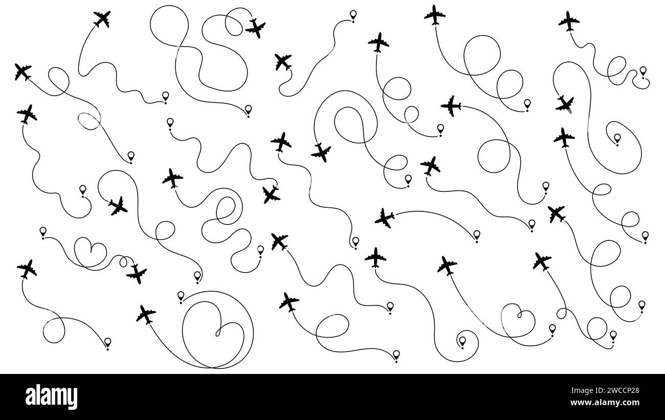 Airplane or aeroplane routes path set. Travel concept from start point ...