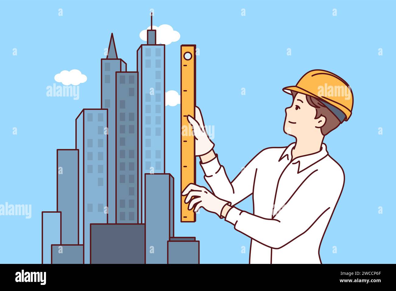 Man architect designs construction of skyscraper and stands near models ...