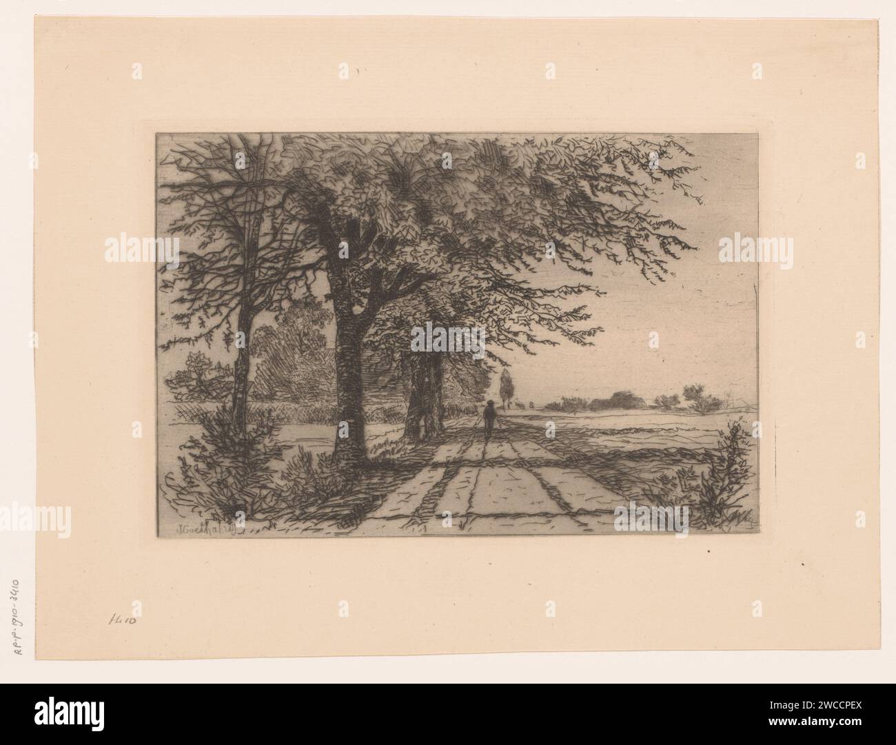 Landscape with trees along a path on which a figure runs, Jules Marie ...