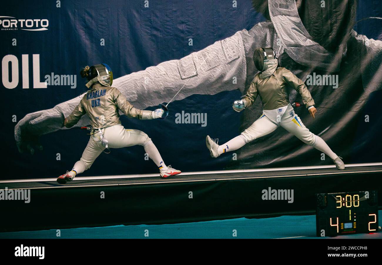 2 fencers in action ,FIA Fencing Sabre World Satelite Istanbul, 21 ...