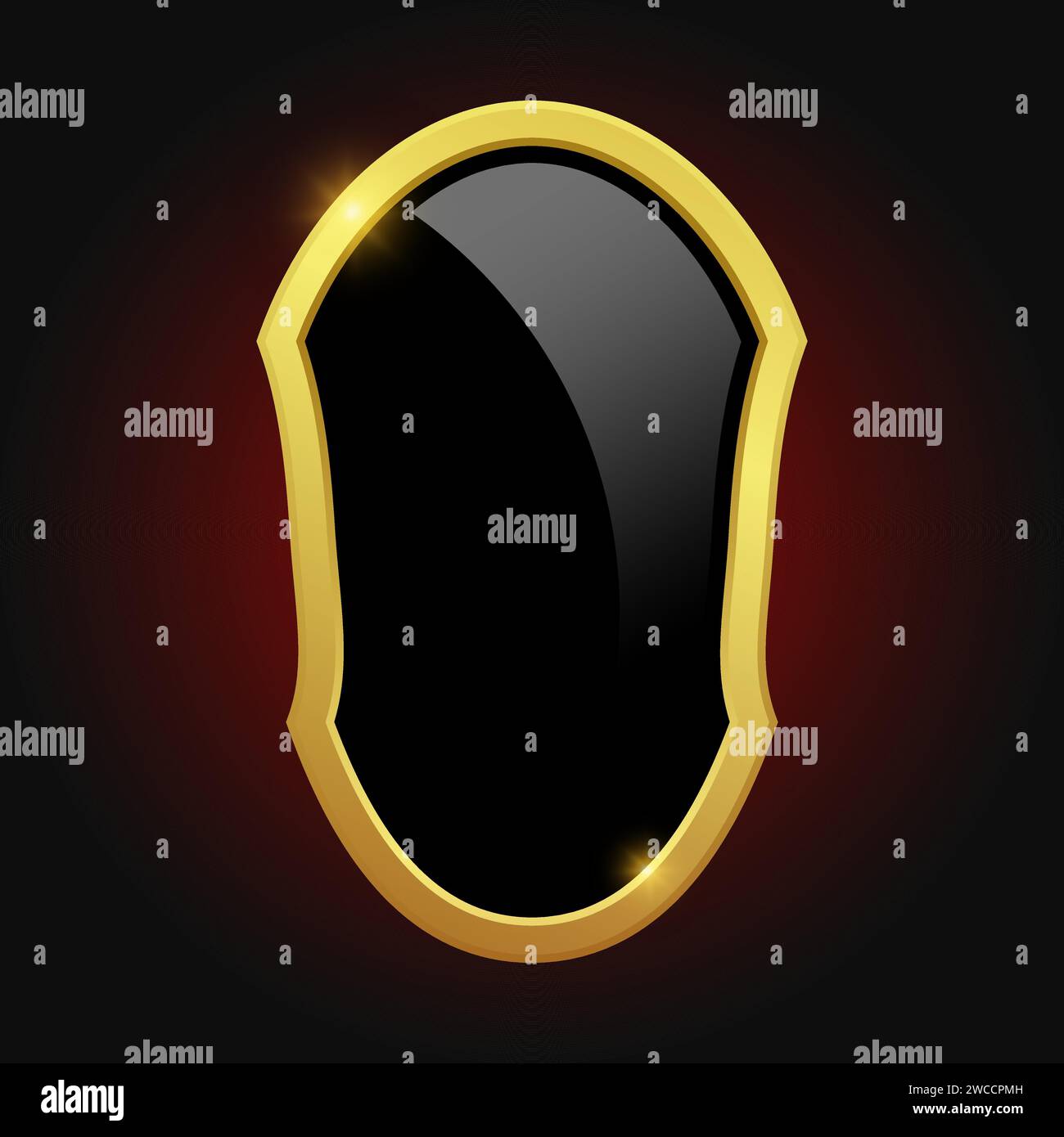 Black shield with glossy bright golden frame isolated on red background ...